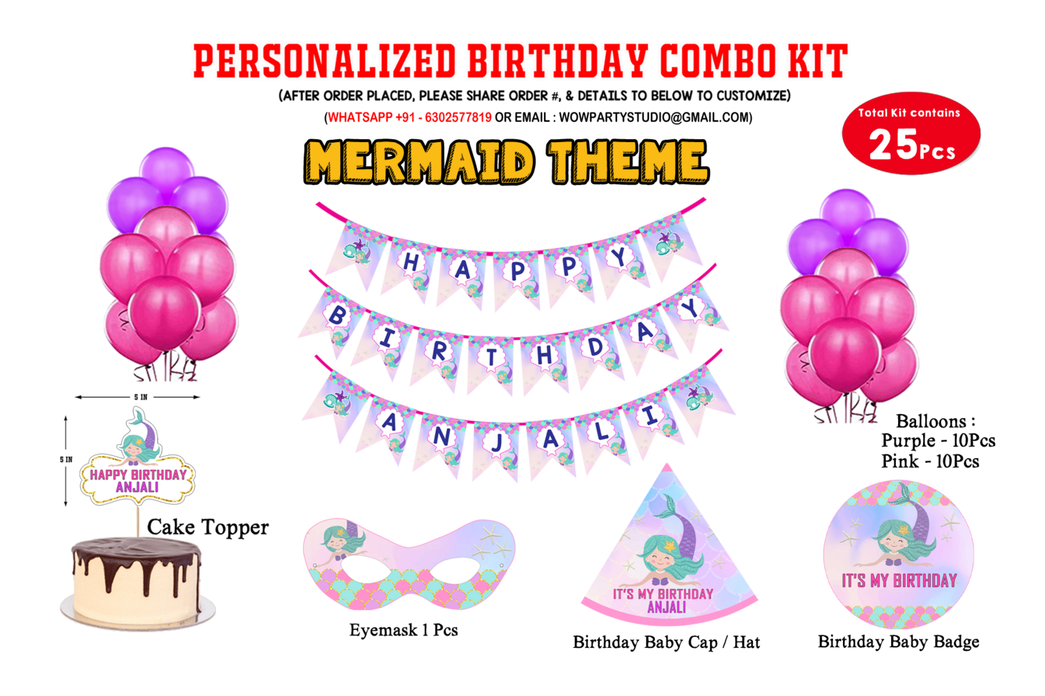 Personalized Mermaid Theme Birthday Party Combo Kit 25Pcs