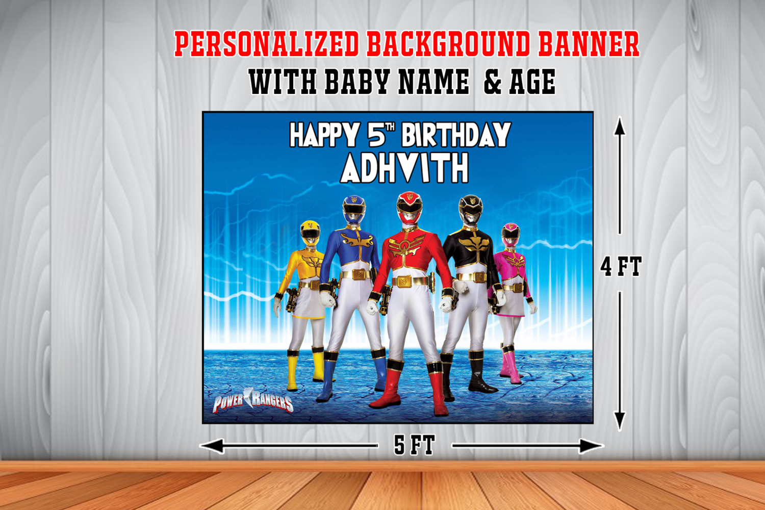 Personalized Power Rangers Birthday Backdrop Banner (4ft x 5ft)