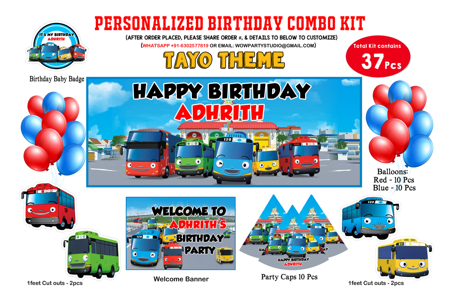 Personalized Tayo Bus Birthday Party Combo Kit 37Pcs