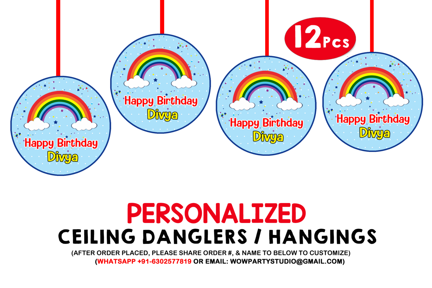Personalized Rainbow Birthday Ceiling Hangings / Danglers (12 Pcs)