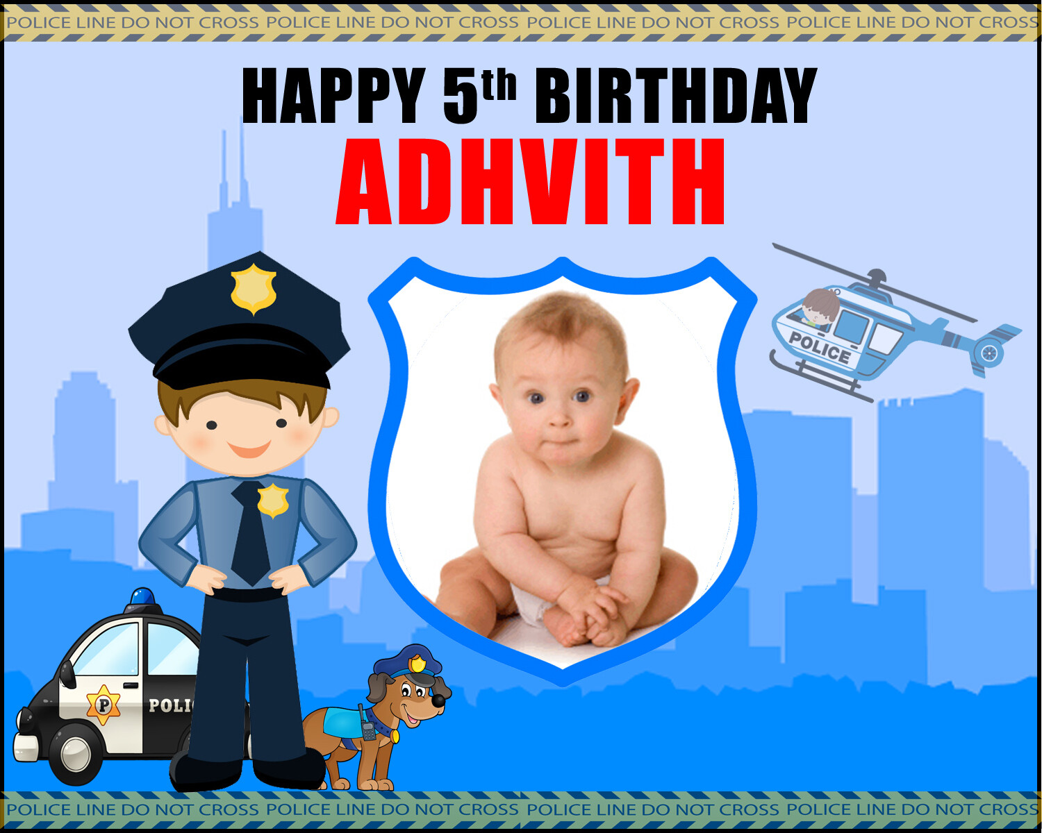 Personalized Police Theme Birthday Backdrop Banner With Baby Photo (4ft ...