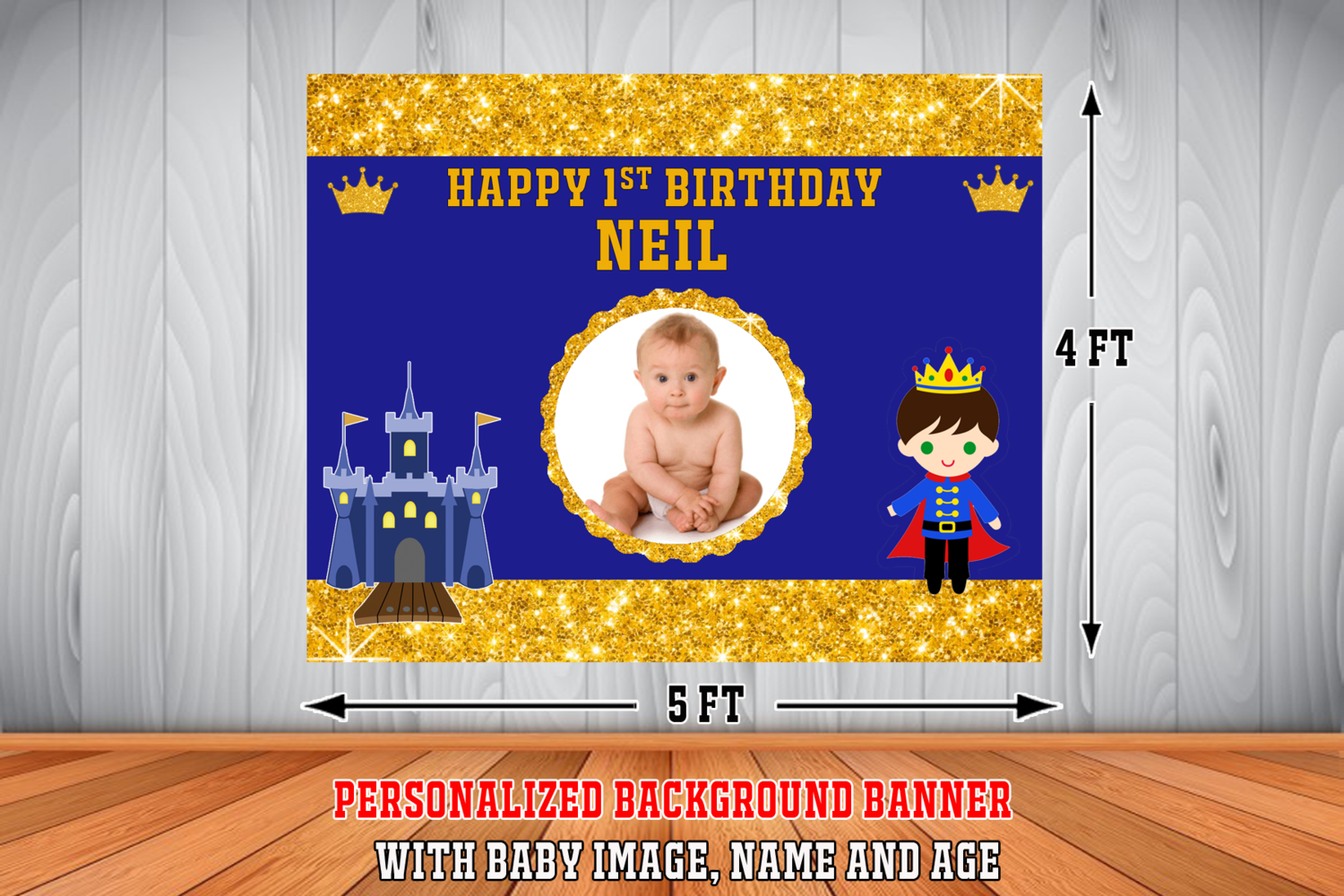 Personalized Royal Prince Birthday Banner With BabyPic (4x5ft)