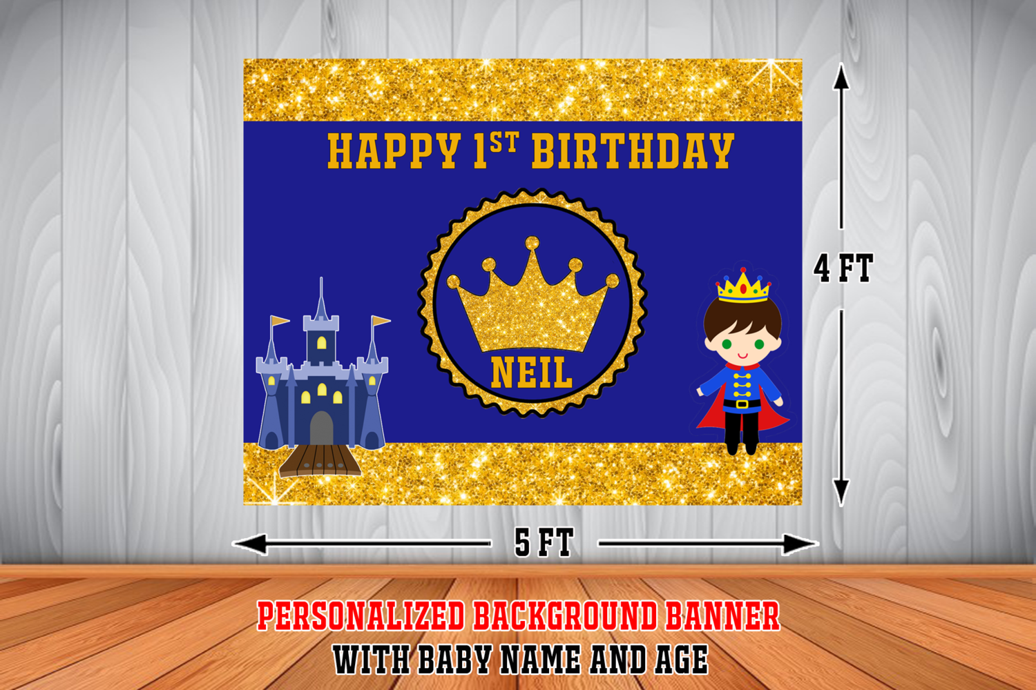 Personalized Royal Prince Birthday Background Banner #2 (4ft x 5ft)