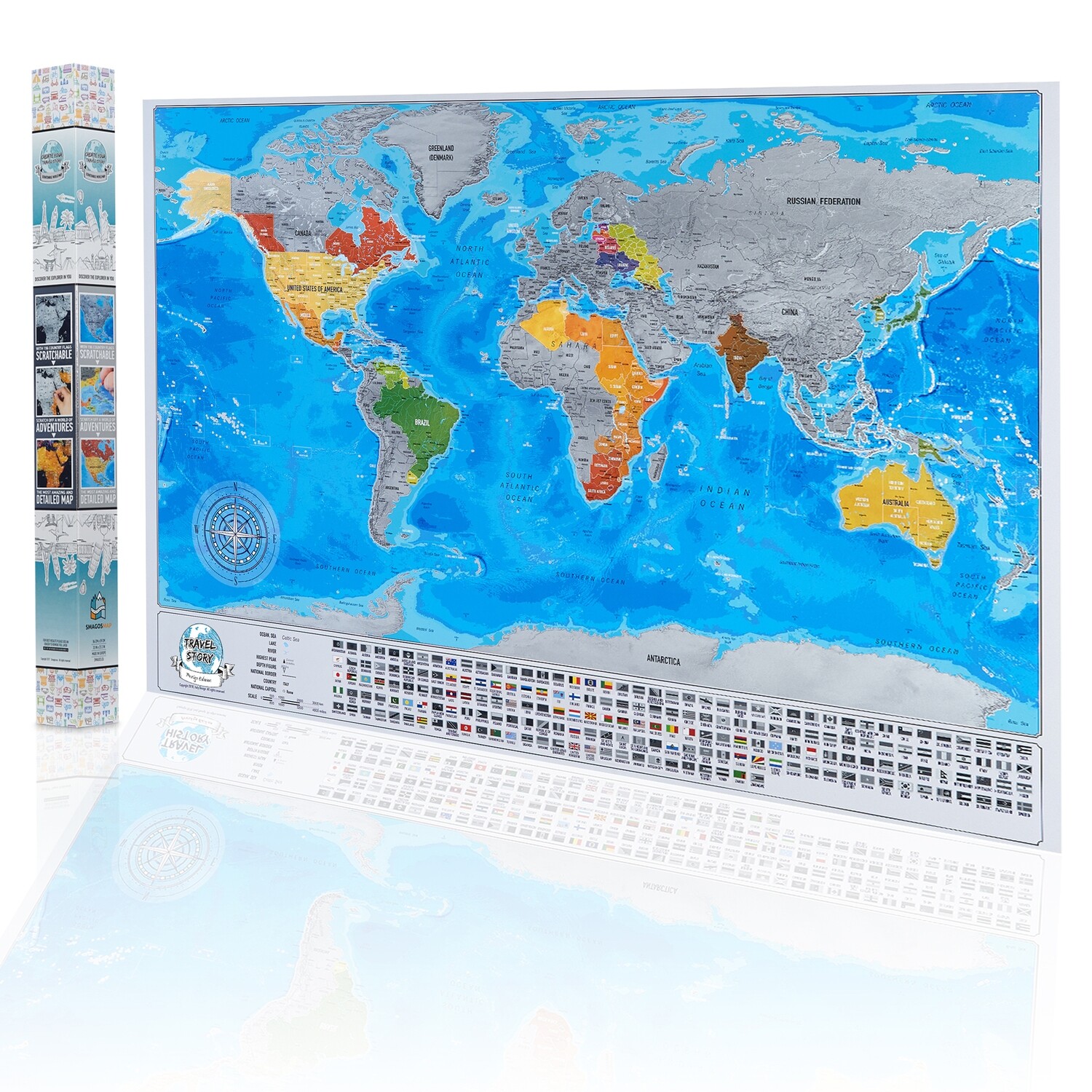 Detailed Scratch Off World Map with Flags, Original Silver Colors ...
