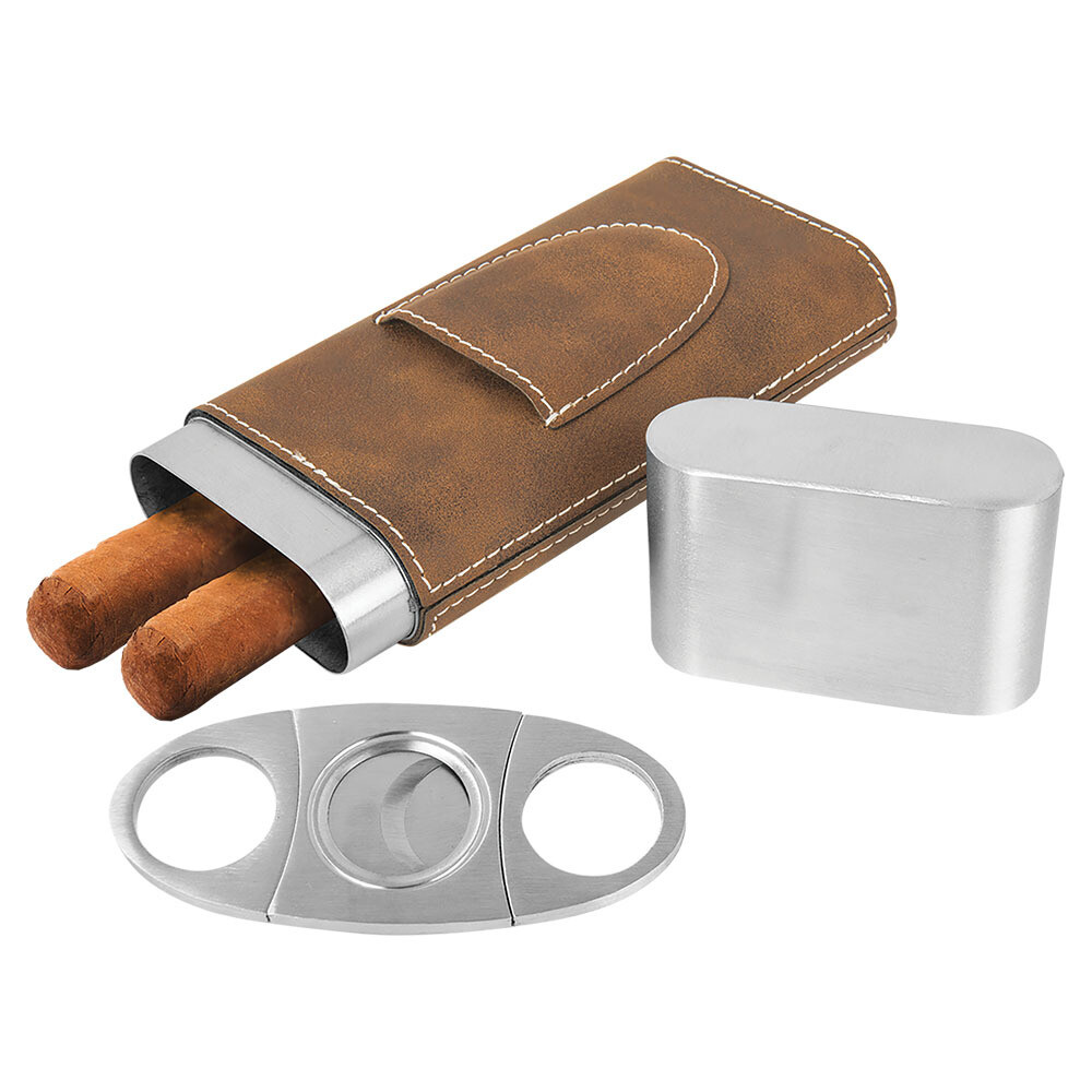 Cigar Gifts - Rustic Brown Leatherette Cigar Case with Cutter