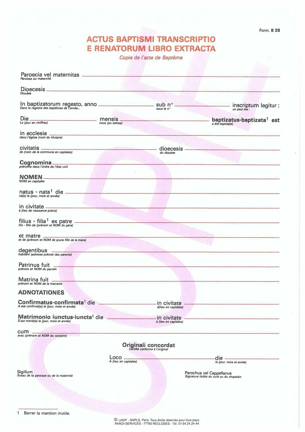 B28 - Copie de l'acte de baptême - Formulaire en latin