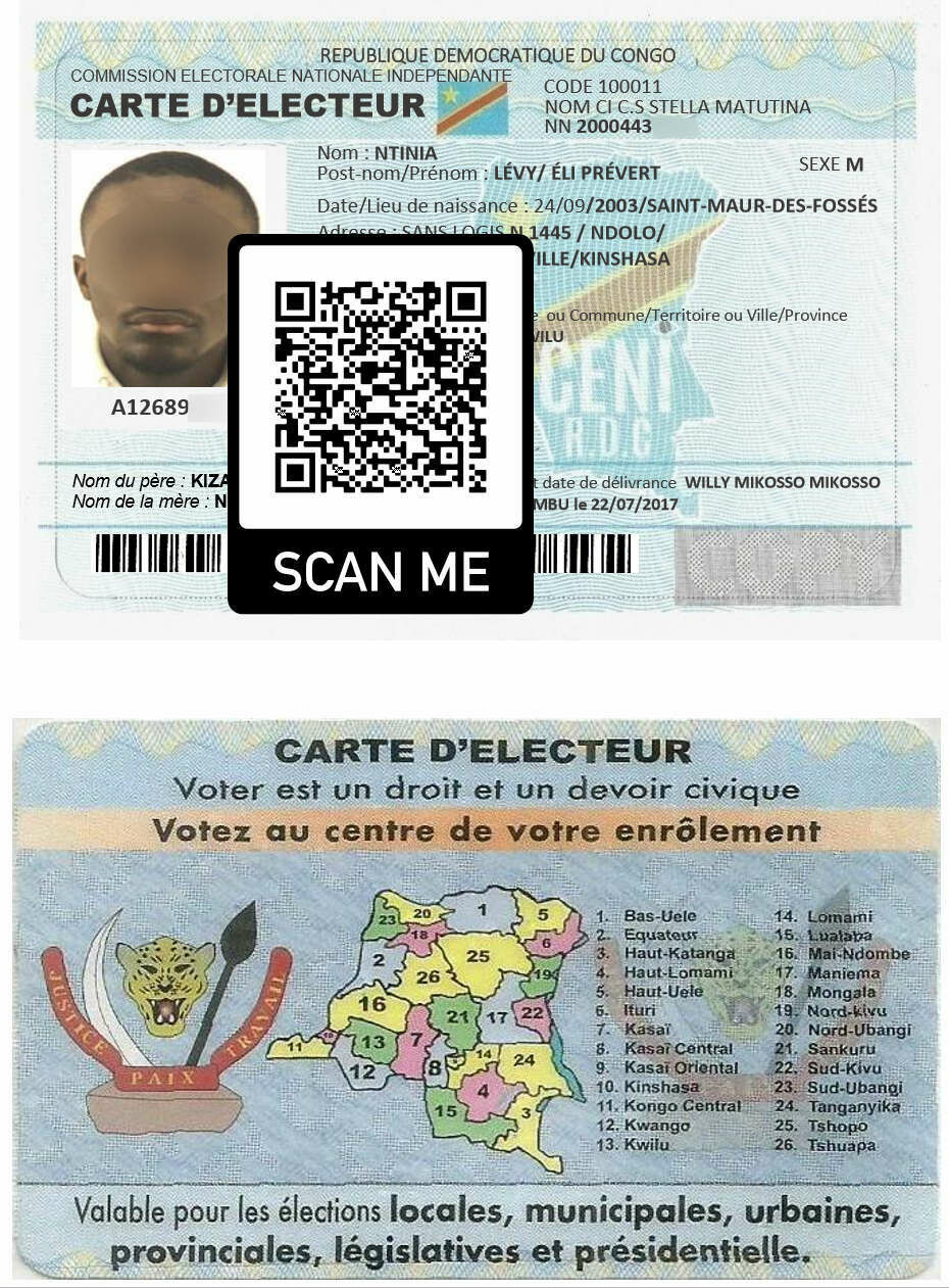 Carte d'électeur officielle Congo-Kinshasa RDC