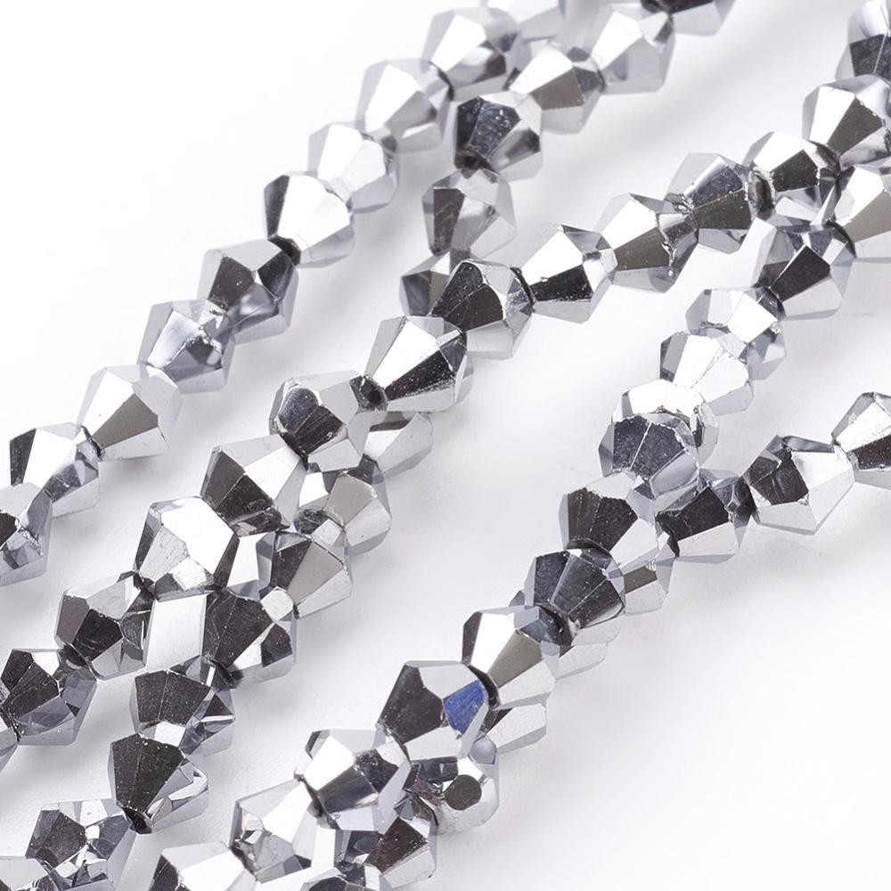 4mm Faceted Electroplated Silver Bicone Crystals, 1 Strand