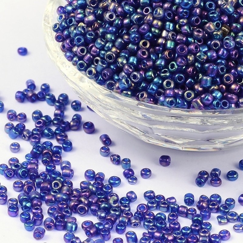 Seed Beads in Blue with AB Finish, Size 8, 3mm