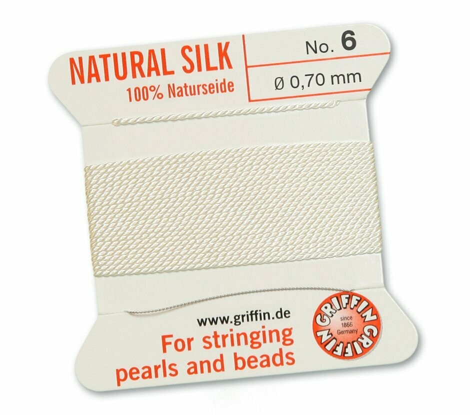 100% Natural Silk Thread with Needle, No.6, White