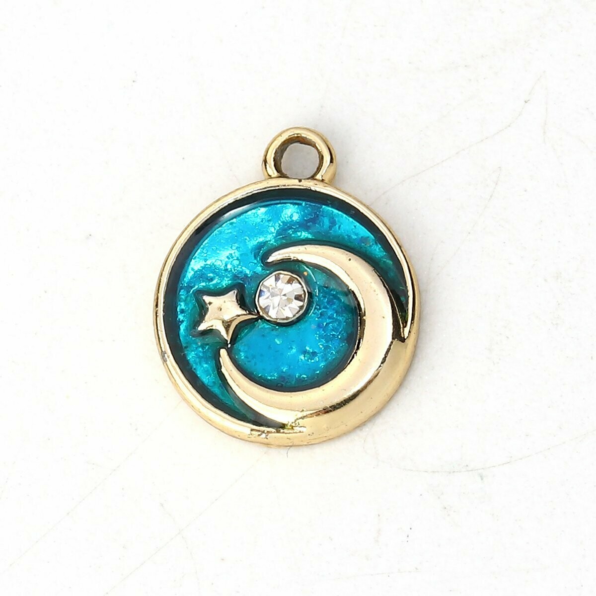 Light Gold and Enamel Moon and Stars Charm, 10x12mm