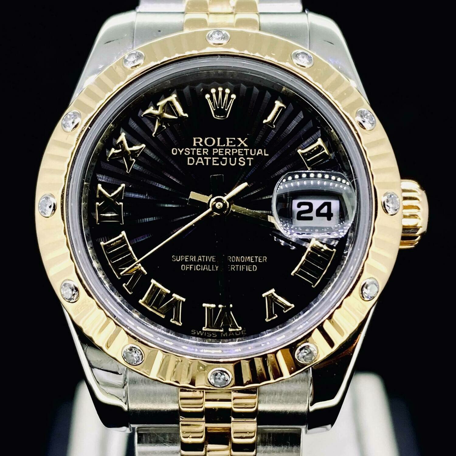 Rolex Lady-Datejust 26MM Black Sun Dial Factory Diamond Bezel Yellow ...