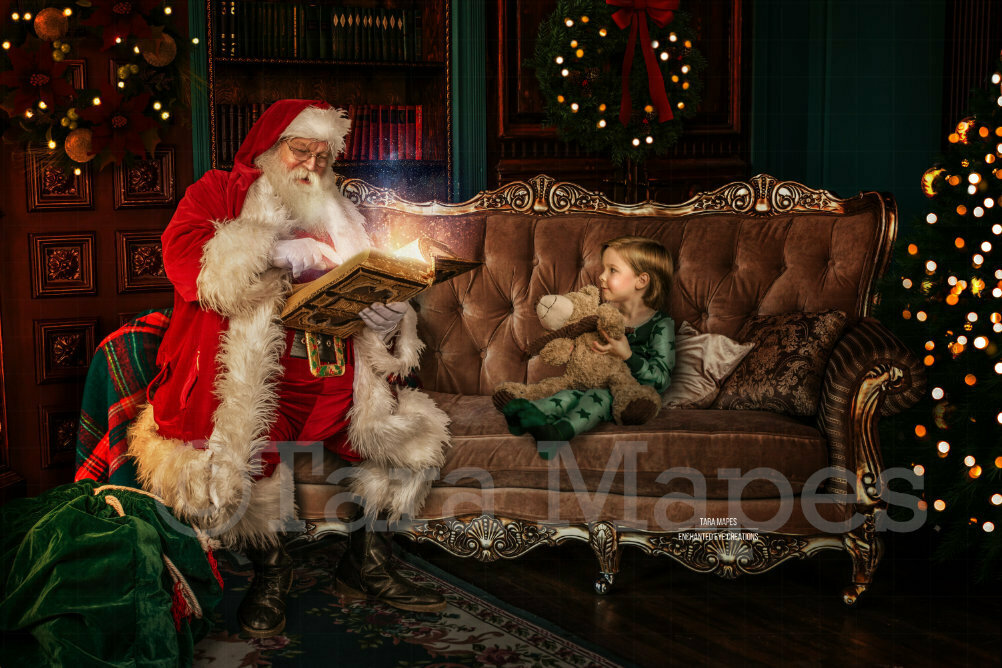 Santa Reading Book on Couch by Fireplace - Santa with Magic Book - Cozy ...