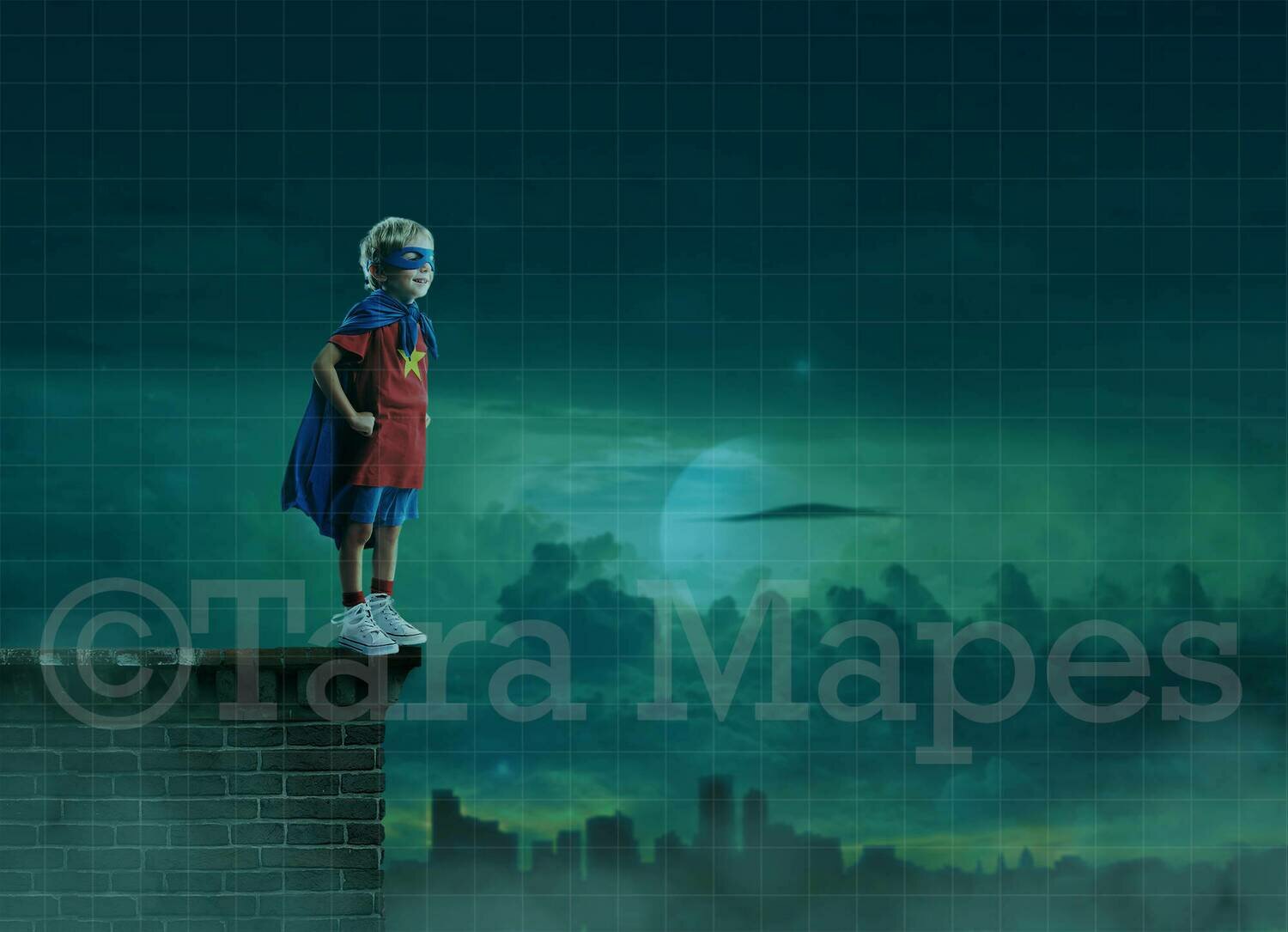 Superhero over City at Night Digital Background