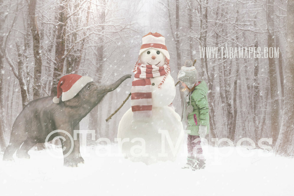 Baby Elephant Building Snowman - Snowy Winter Scene - FREE SNOW OVERLAY ...
