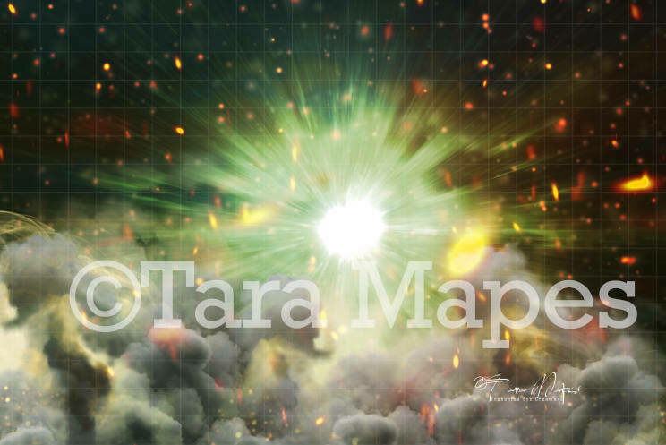Superhero Explosion - Green Superhero Burning City Fire Digital Background