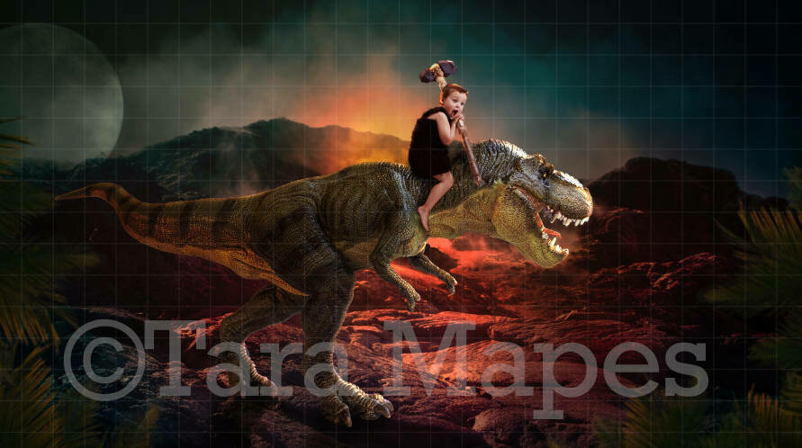 Dinosaur T-Rex by a Volcano Digital Background