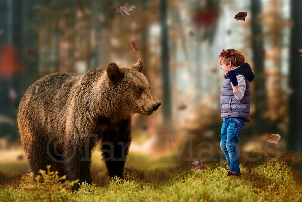Bear in Forest Autumn Fall Leaves Digital Background Backdrop