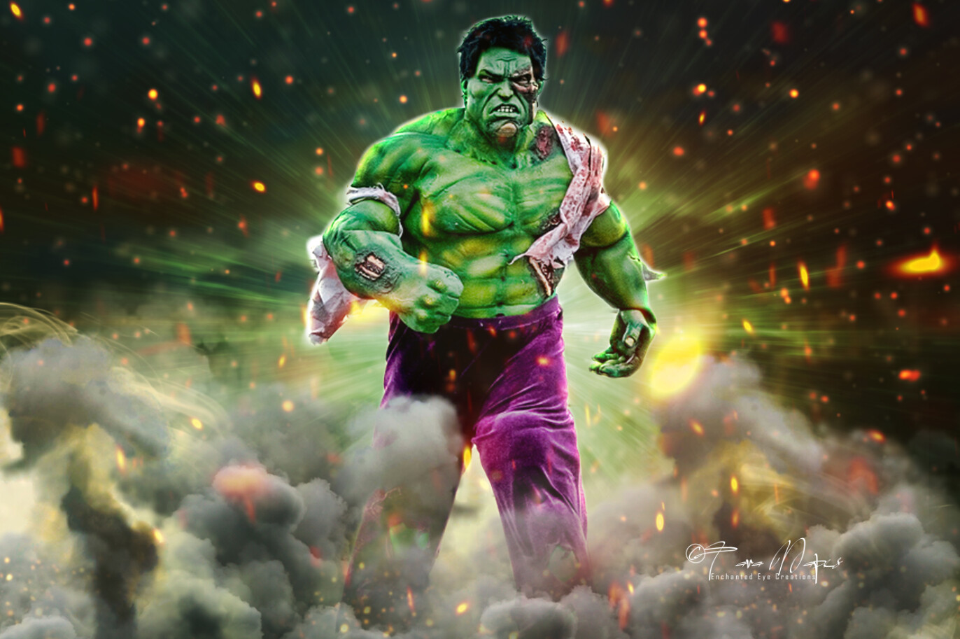 Superhero Explosion - Green Superhero Burning City Fire Digital Background