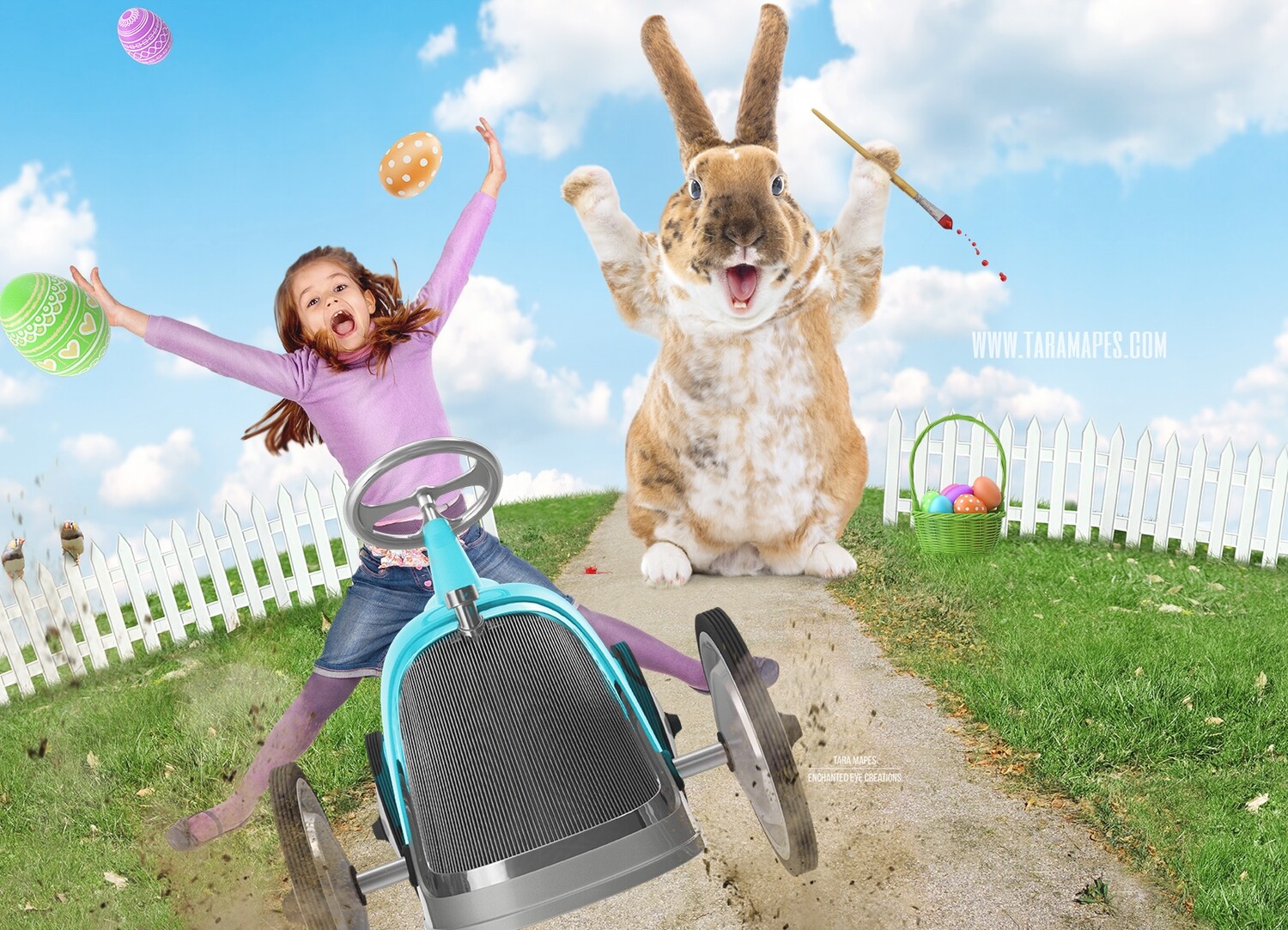 Easter Egg Thief- Easter Bunny Chasing Car on a Hill - Whimsical ...