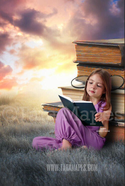 Stacks of Books in Field - Books in Dream World Colorful Sky - Book ...