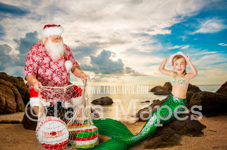 Mermaid Digital Backdrop- Christmas Mermaid Digital Background - Santa ...