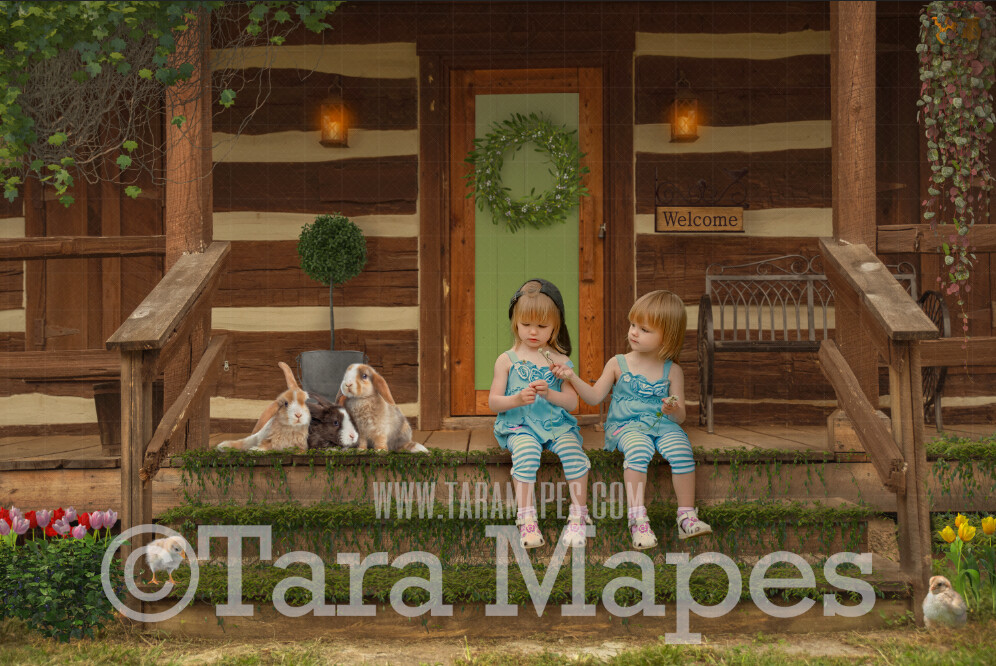 Spring Cabin Digital Backdrop - Bunnies and Flowers Easter Cabin Spring ...