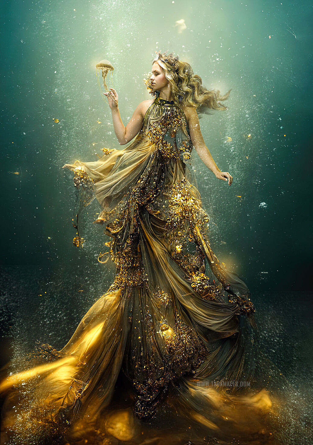 Mermaid Gown Digital Background - Gold Ethereal Surreal Mermaid Scene ...