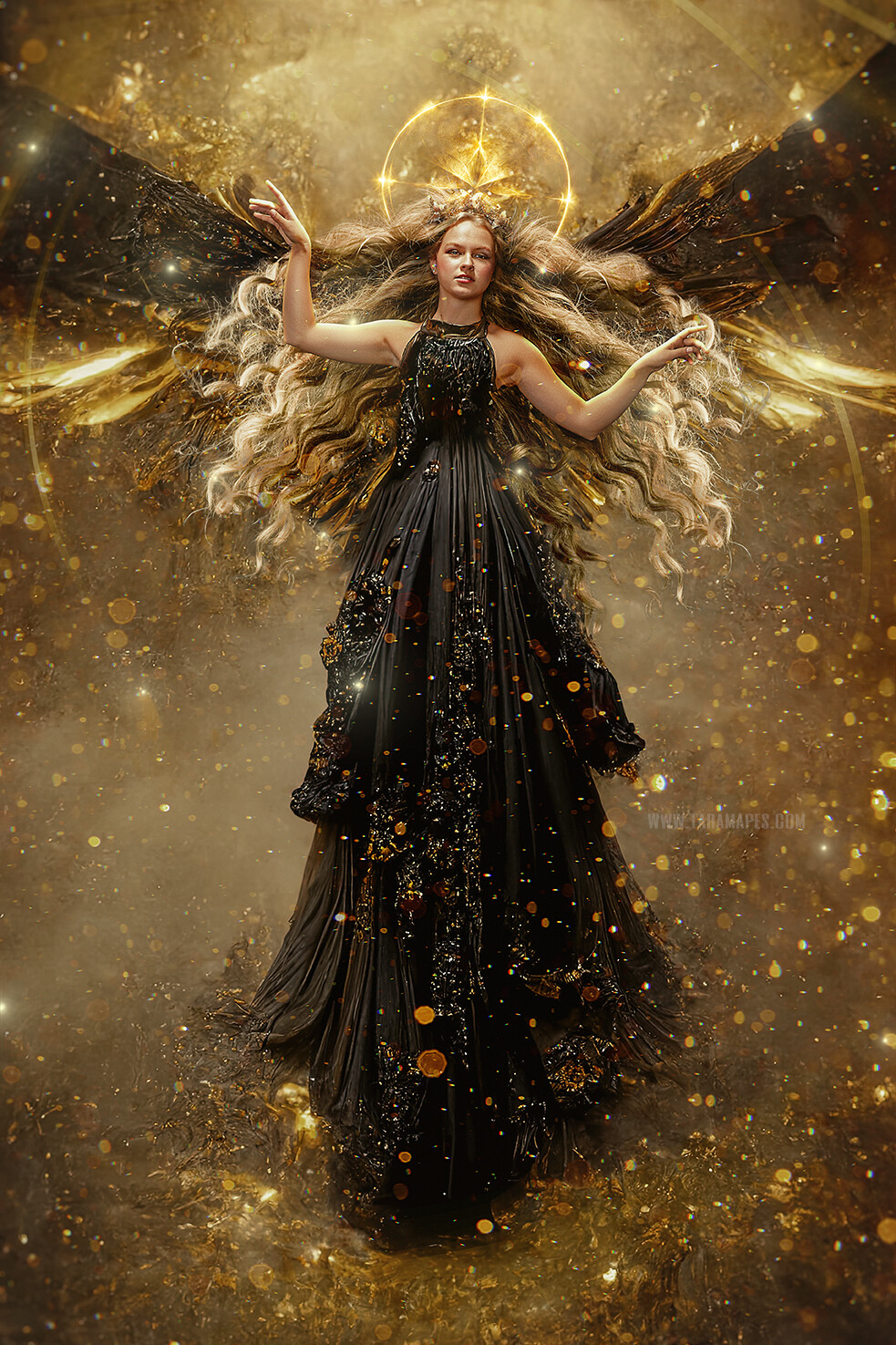 Dark Angel Digital Backdrop - AI Angel Body in Black Gown with Wings ...