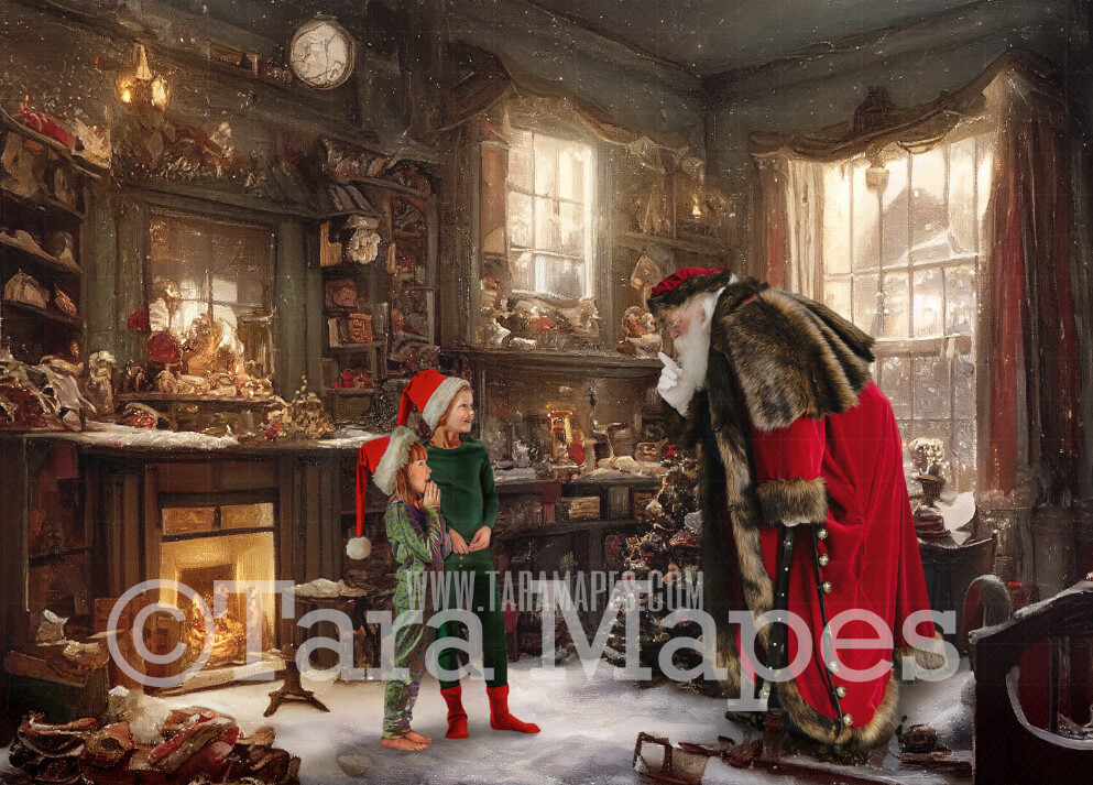 Santa Digital Backdrop - Santa in Nostalgic Scene with Fireplace and ...
