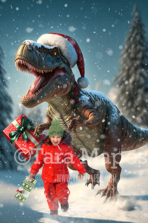 Christmas T-rex Digital Backdrop - Funny Trex Running Christmas Digital ...
