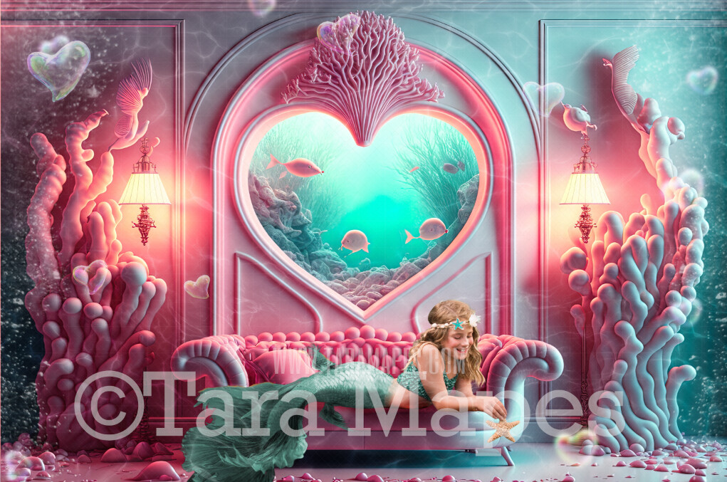Valentine Mermaid Heart Sofa Digital Backdrop - Mermaid Room Digital ...