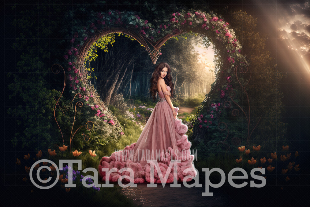 Floral Heart Path Digital Backdrop - Valentine Forest with Magical Path ...