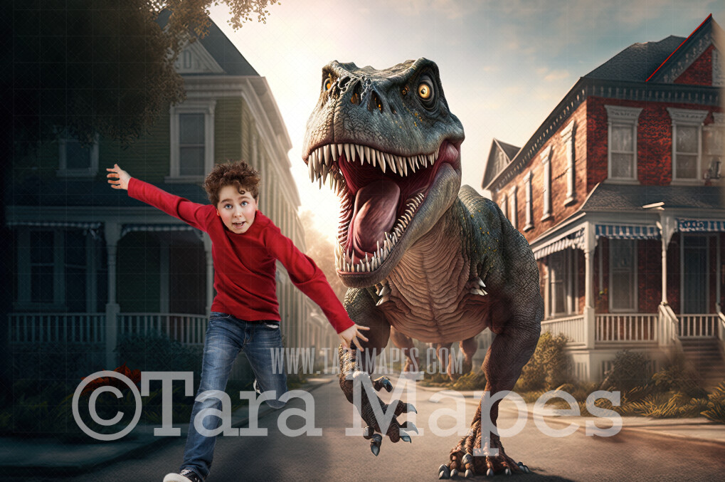 Funny Dinosaur Digital Backdrop - T-Rex Running Down Street - Trex ...