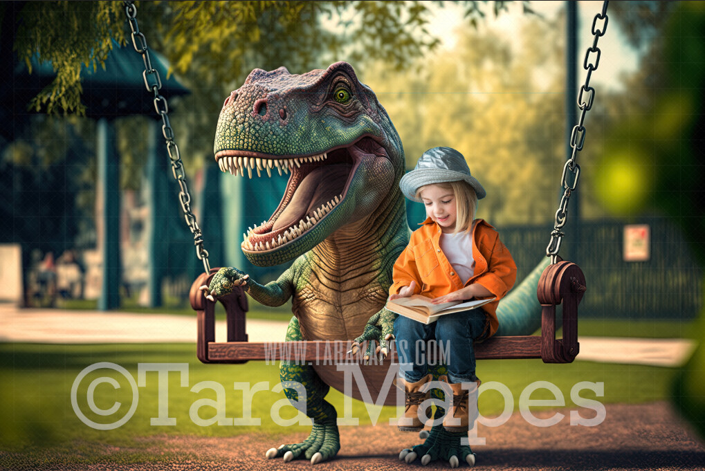 Funny Dinosaur Digital Backdrop - Dinosaur Pushing Swing in Park - Dino ...