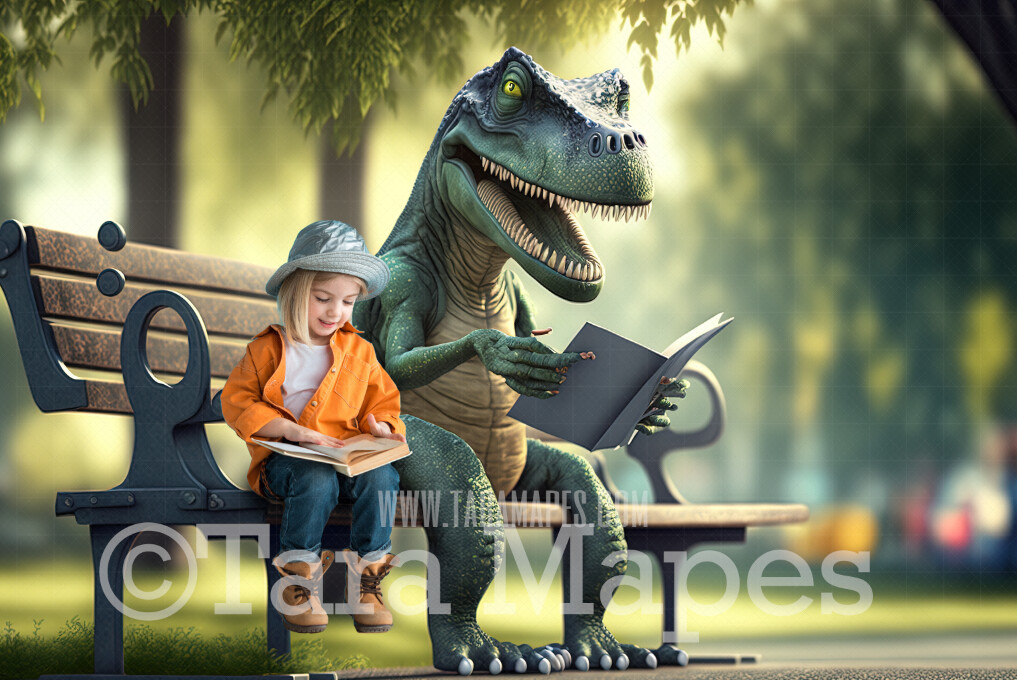 Funny Dinosaur Digital Backdrop - Dinosaur Reading Book in Park - Dino ...