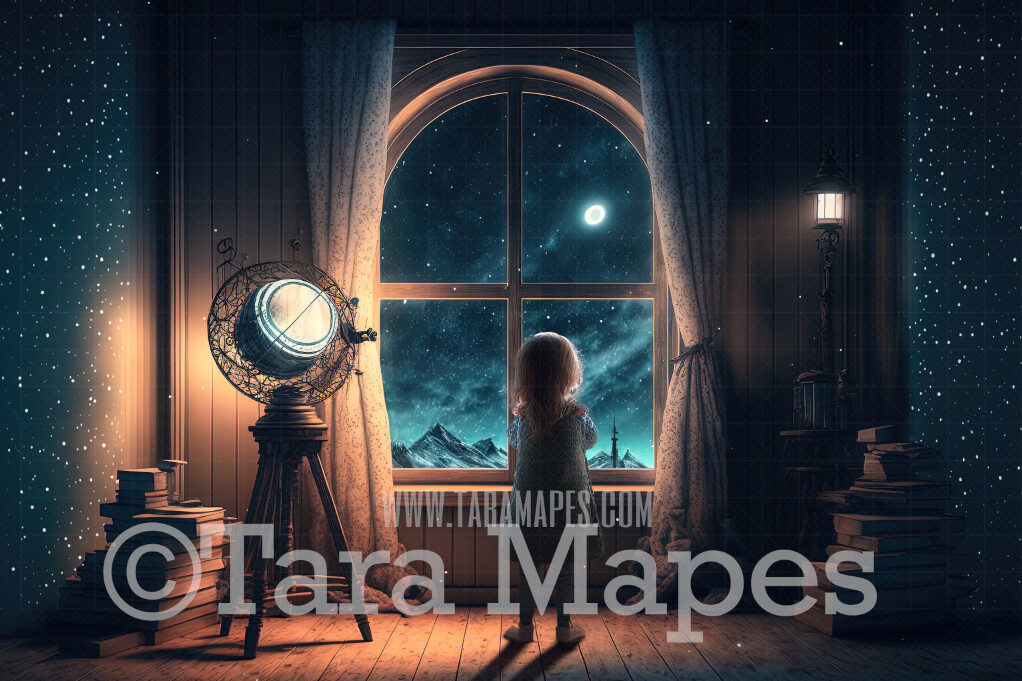 Whimsical Window with Surreal Moon - Big Window with Starry Night Sky ...