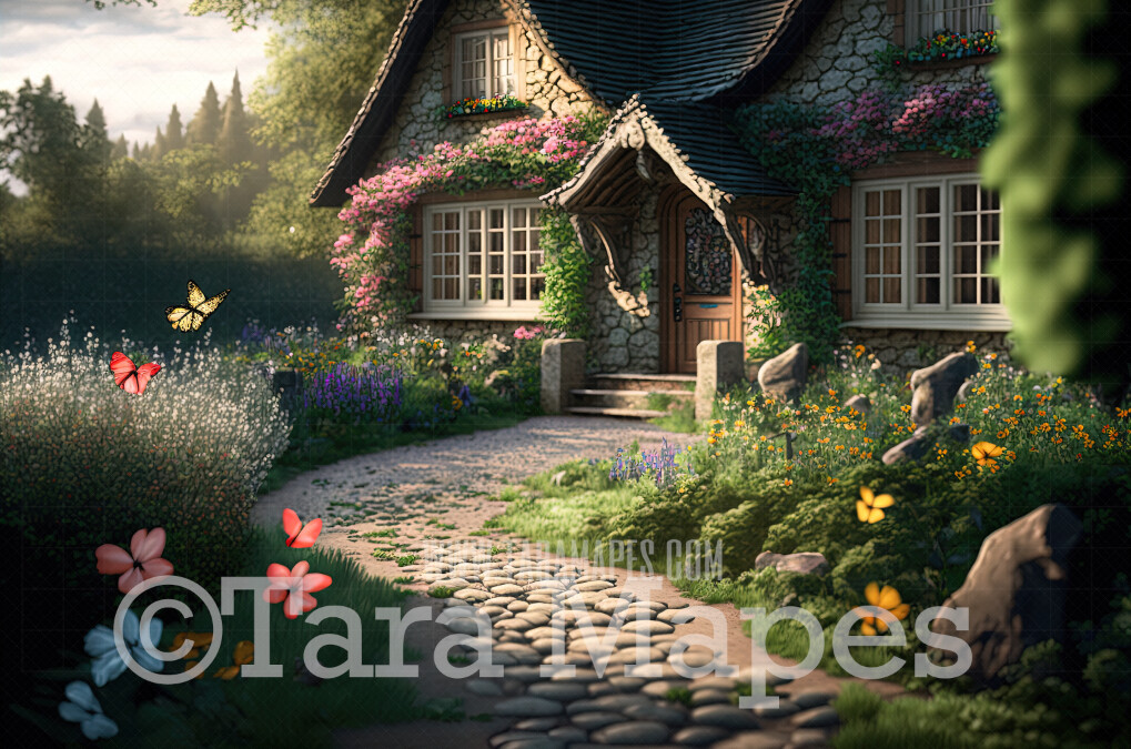 Spring Cottage Digital Backdrop - Path in Fantasy Garden by Cottage ...