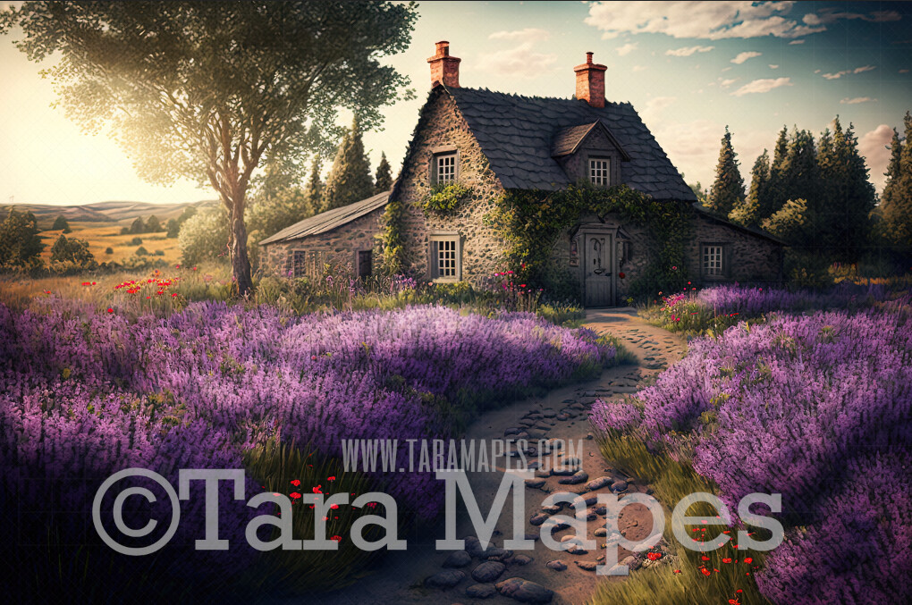 Spring Cottage Digital Backdrop - Path in Fantasy Garden of Lavender ...