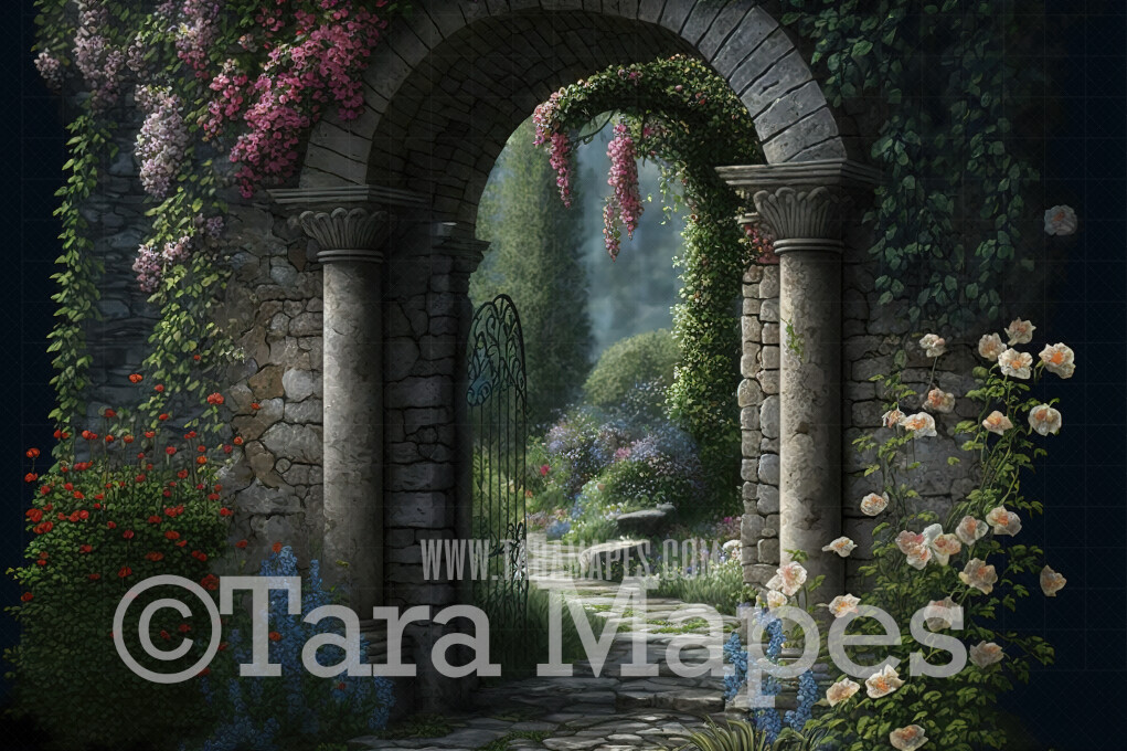 Garden Arch Digital Backdrop - Garden of Flowers with Path and Stone ...