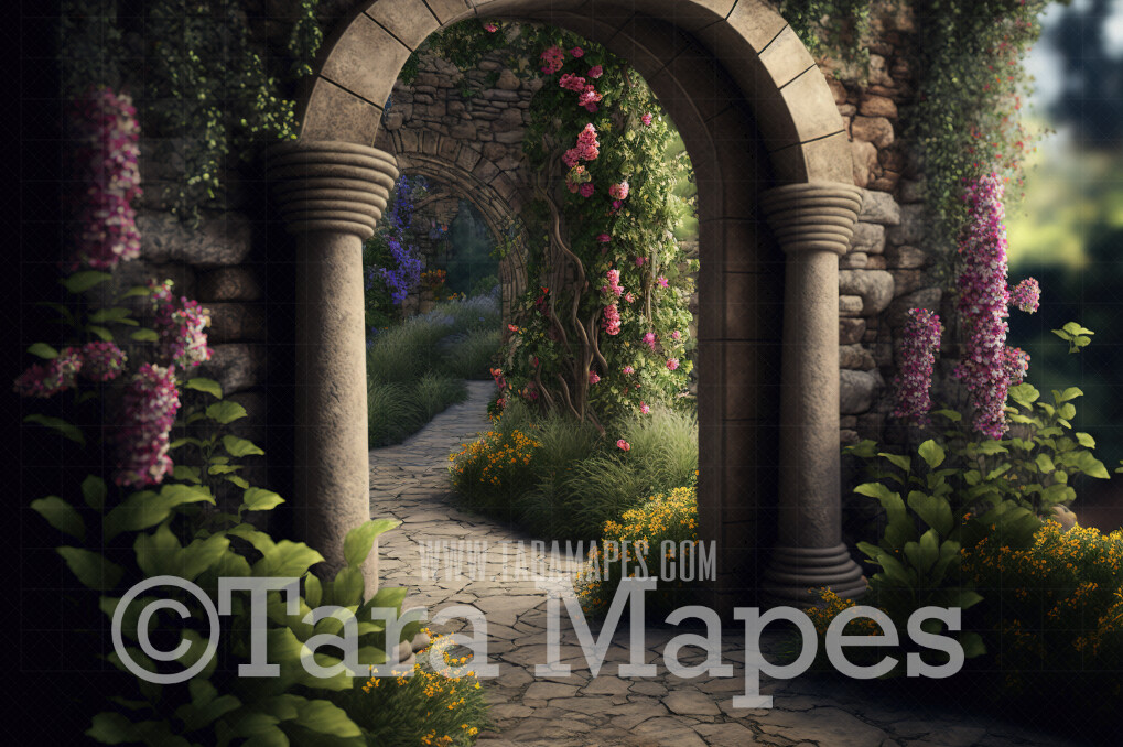 Garden Arch Digital Backdrop - Garden of Flowers with Path and Stone ...
