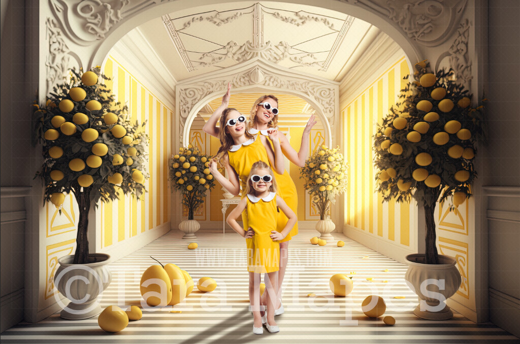 Lemon Room Digital Backdrop - Yellow and White Striped Room with Lemon ...