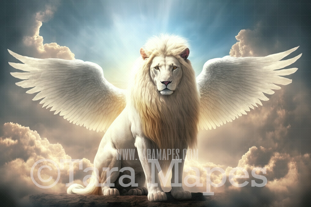 White Lion with Wings Digital Backdrop - Winged White Lion in Clouds ...