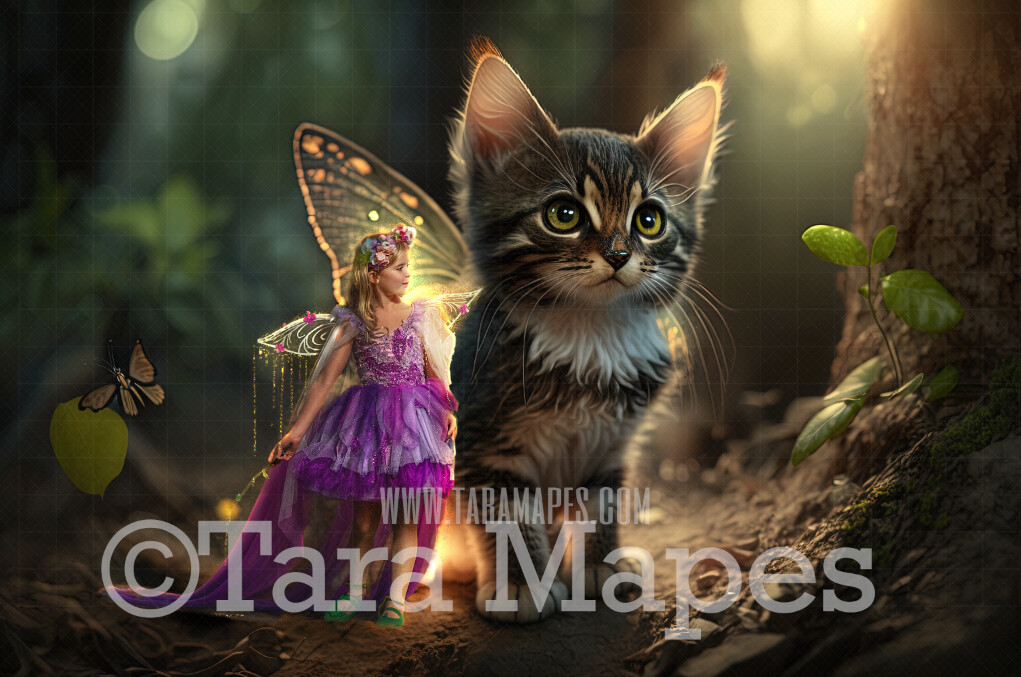 Fairy Cat Digital Backdrop - Magical Fairy Cat in Forest Digital ...