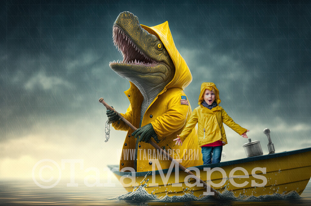 Whimsical T-Rex in Boat Digital Backdrop - T rex in Rain Coat Fishing ...