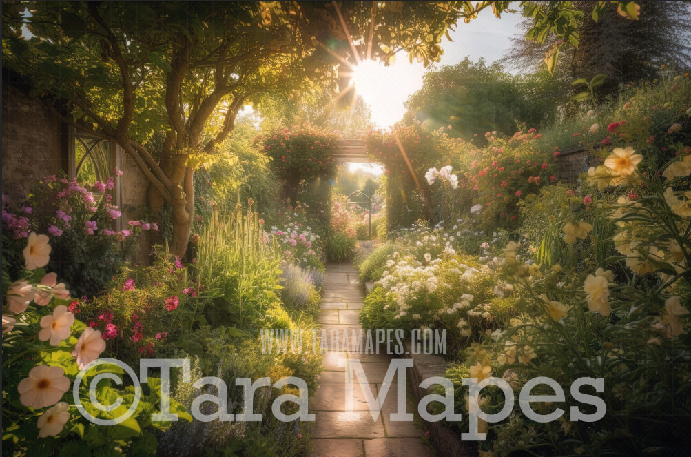 Garden Path Digital Backdrop - Garden of Flowers with Sunlight ...