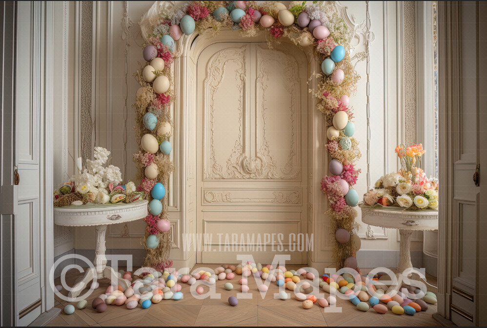 Easter Door Digital Backdrop - Whimsical Pastel Easter Themed Door with Easter Egg Garland ...