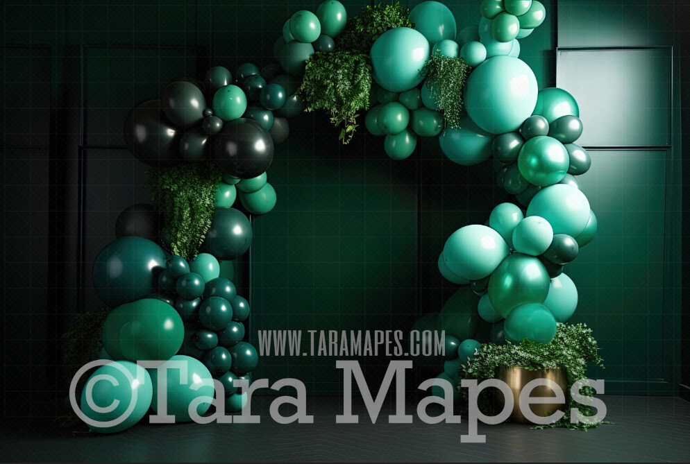 Balloon Digital Backdrop - Green Mint and Forest Green Balloon Arch and ...