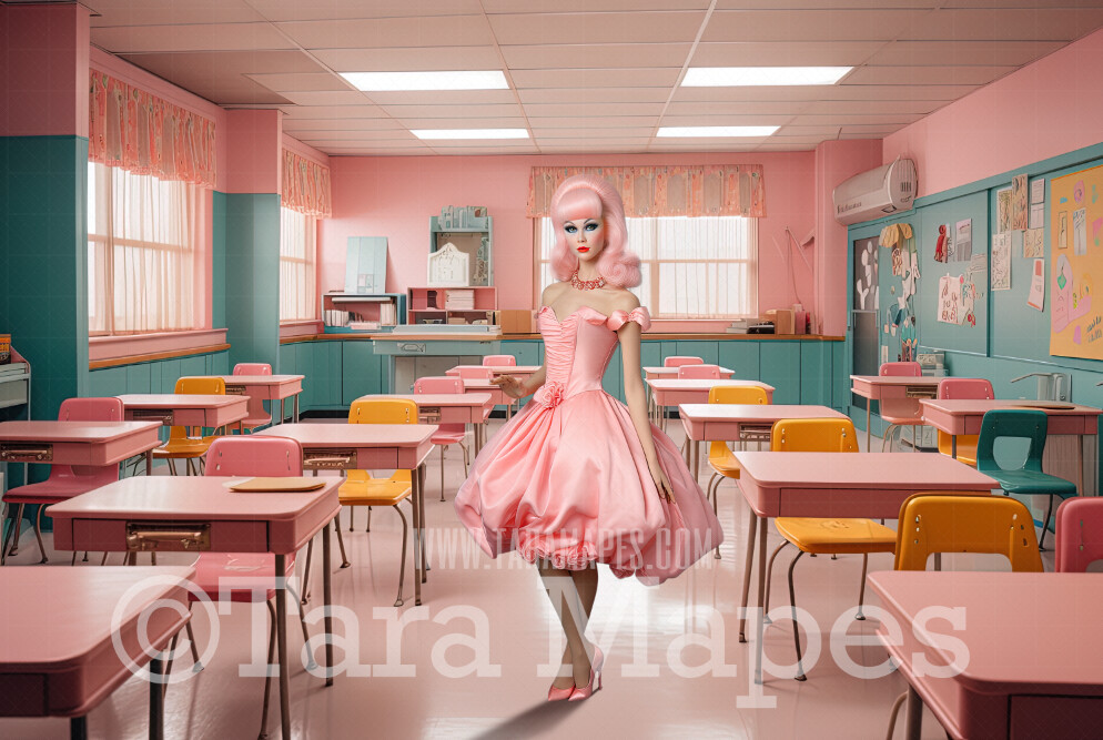 Dollhouse School Classroom Digital Backdrop - Pink doll house class ...