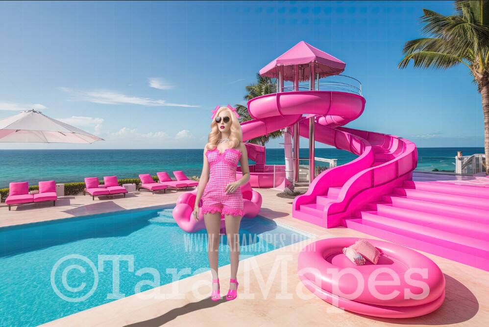 Doll Pool Slide Digital Backdrop - Pink Pool Slide - Pink Beach House ...